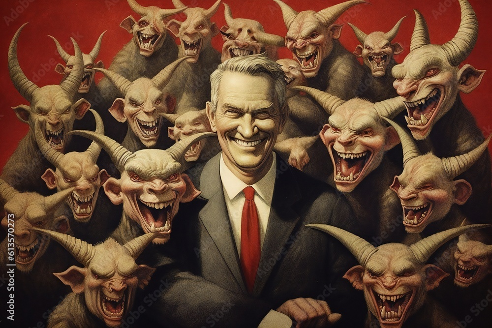 Bunch of greedy evil politics with devil like eyes and horns laughing ...