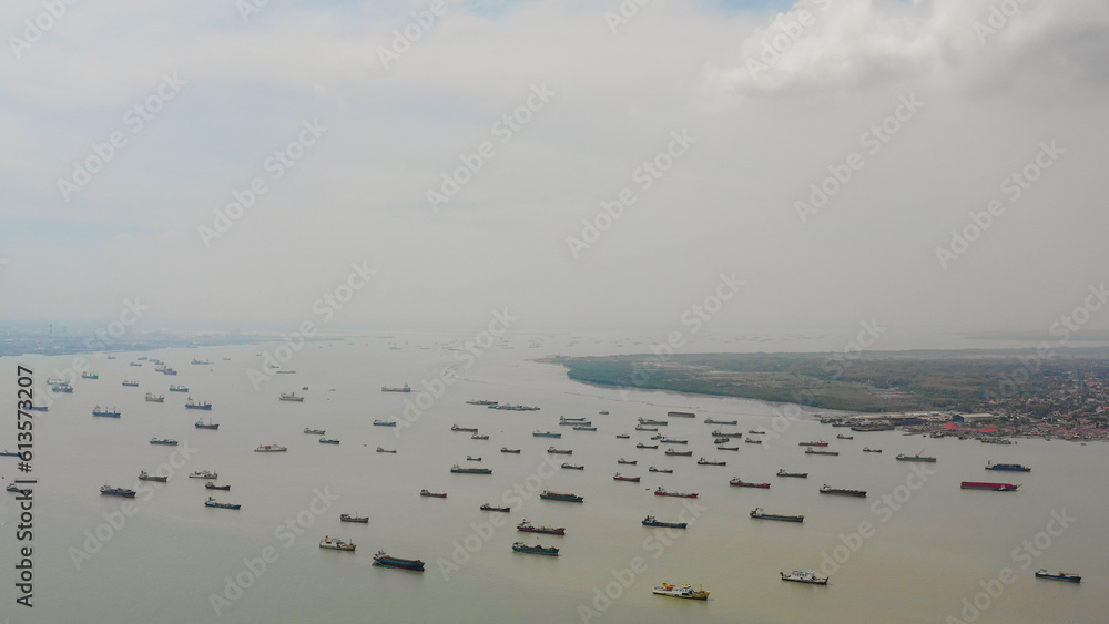 aerial view cargo and passenger seaport with ships Tanjung Perak ...