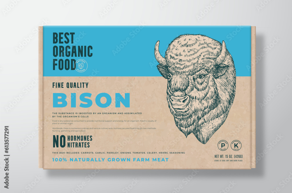 Organic Bison Meat. Vector Food Packaging Label Design on a Craft ...