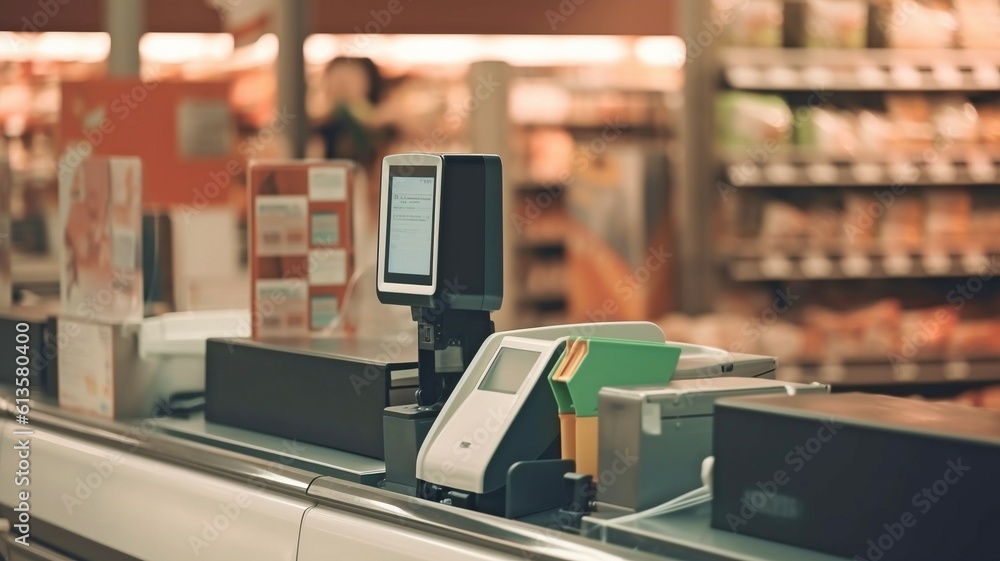 a bar code scanner at a self-checkout in a contemporary supermarket ...