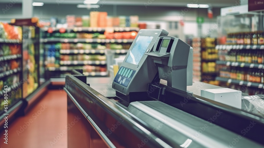 a bar code scanner at a self-checkout in a contemporary supermarket ...