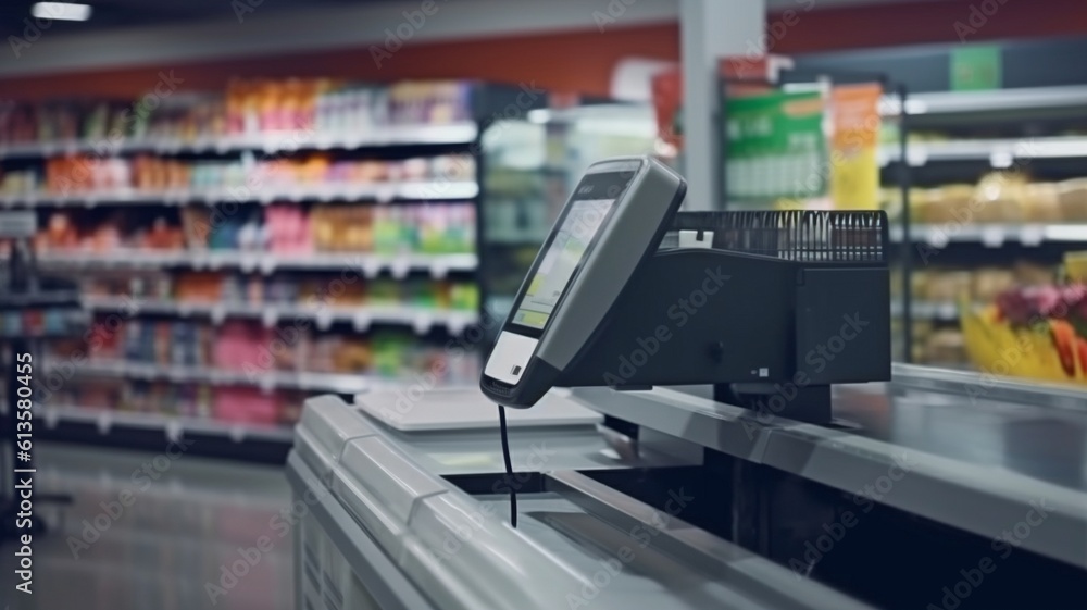 a bar code scanner at a self-checkout in a contemporary supermarket ...