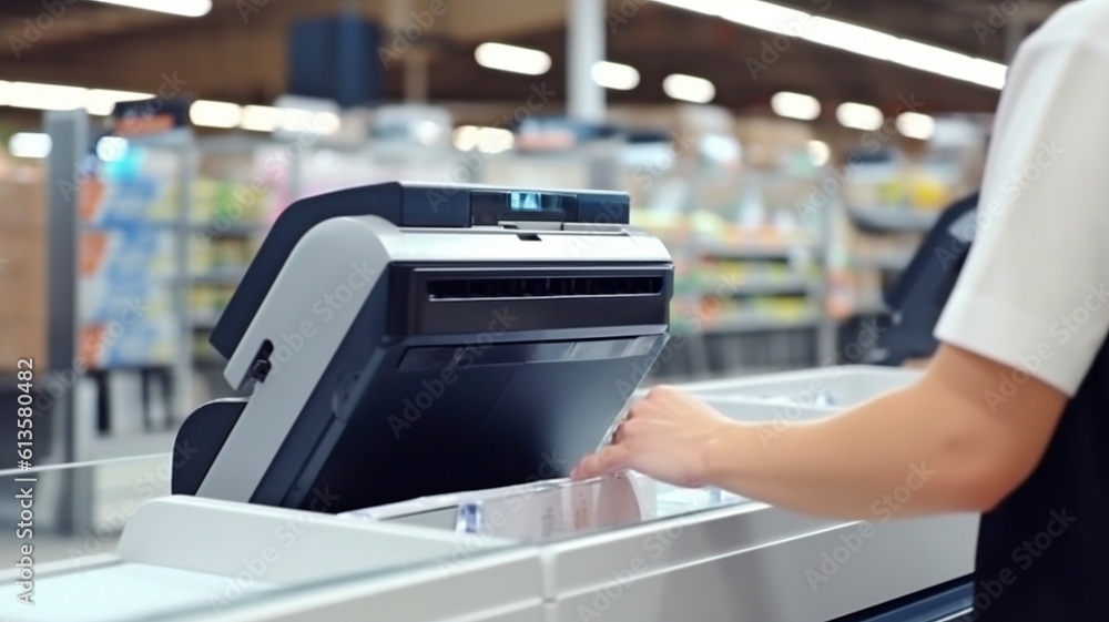 a bar code scanner at a self-checkout in a contemporary supermarket ...