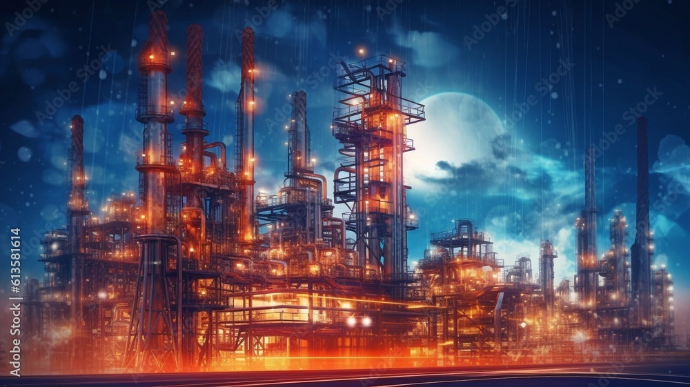 With double exposure artwork, an oil, gas, and petrochemical refinery ...