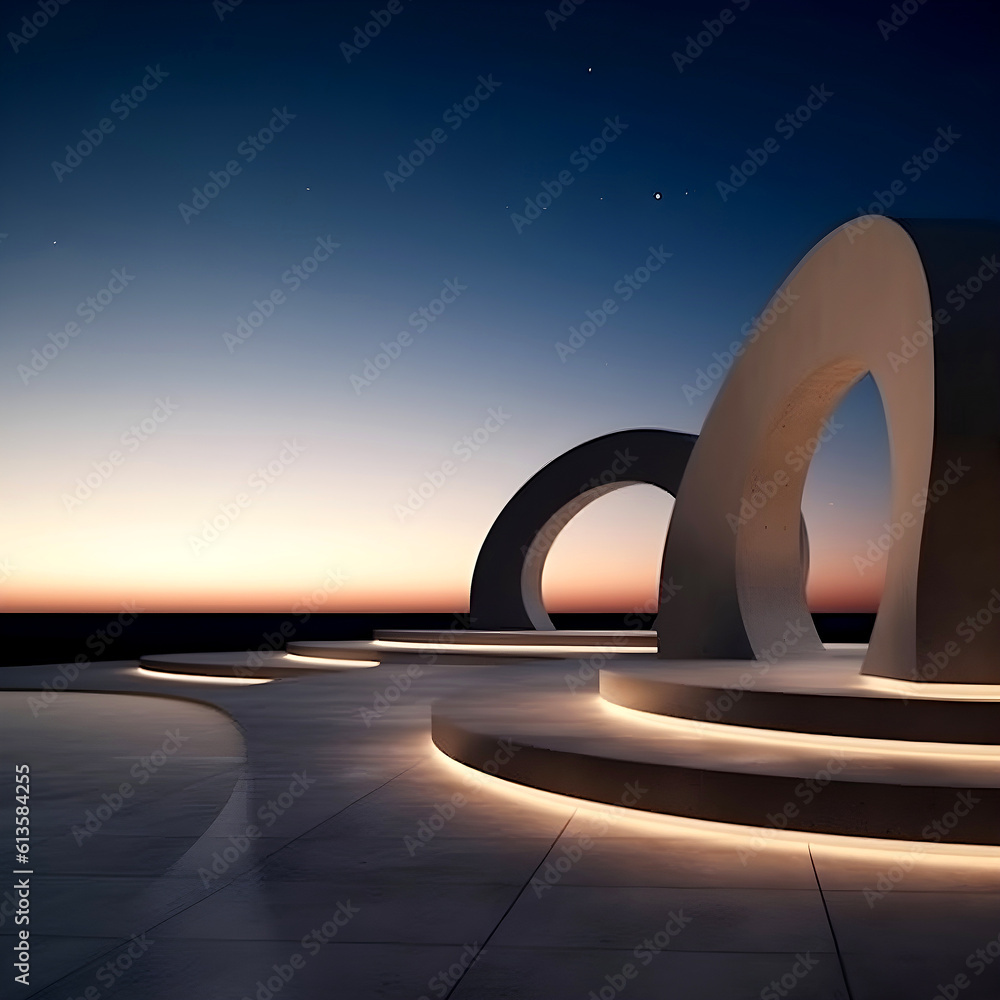 3d render luxury villa house at night, Abstract of curved architectural ...