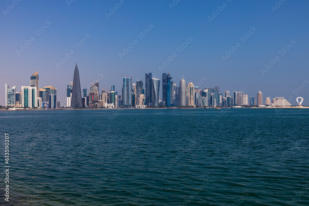 Doha, Qatar - January 26 2023: A view of the sea and the towers in Doha ...