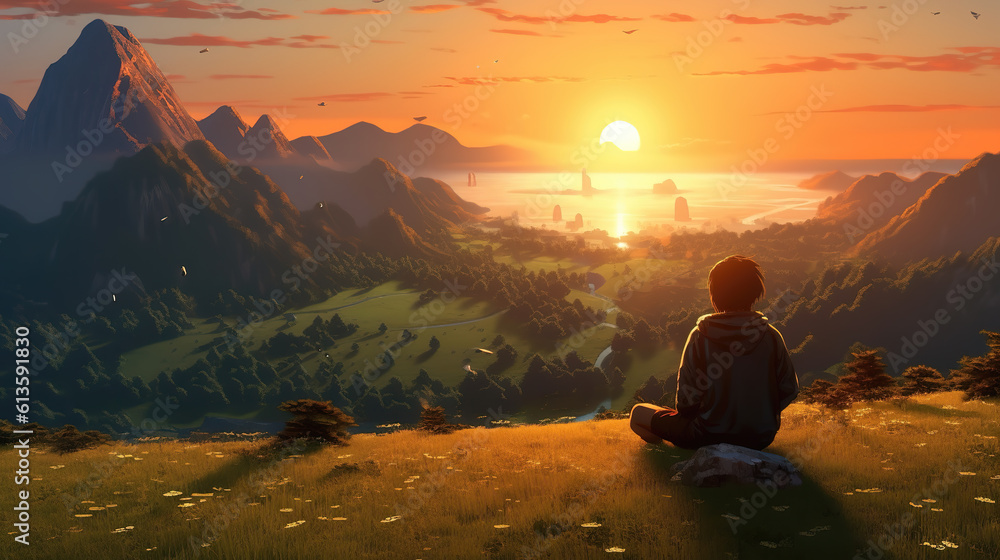 a wonderful landscape illustration at sunste, man watching the horizon ...