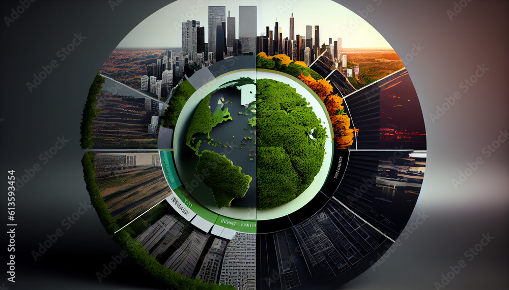 Pie chart with city and lush greenery environmental sustainability ...