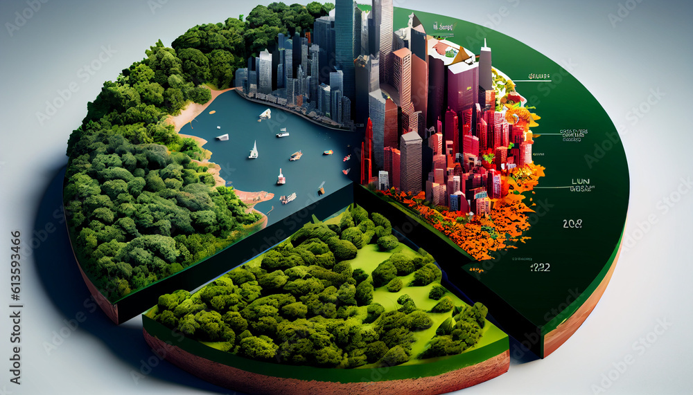 Pie chart with city and lush greenery environmental sustainability ...