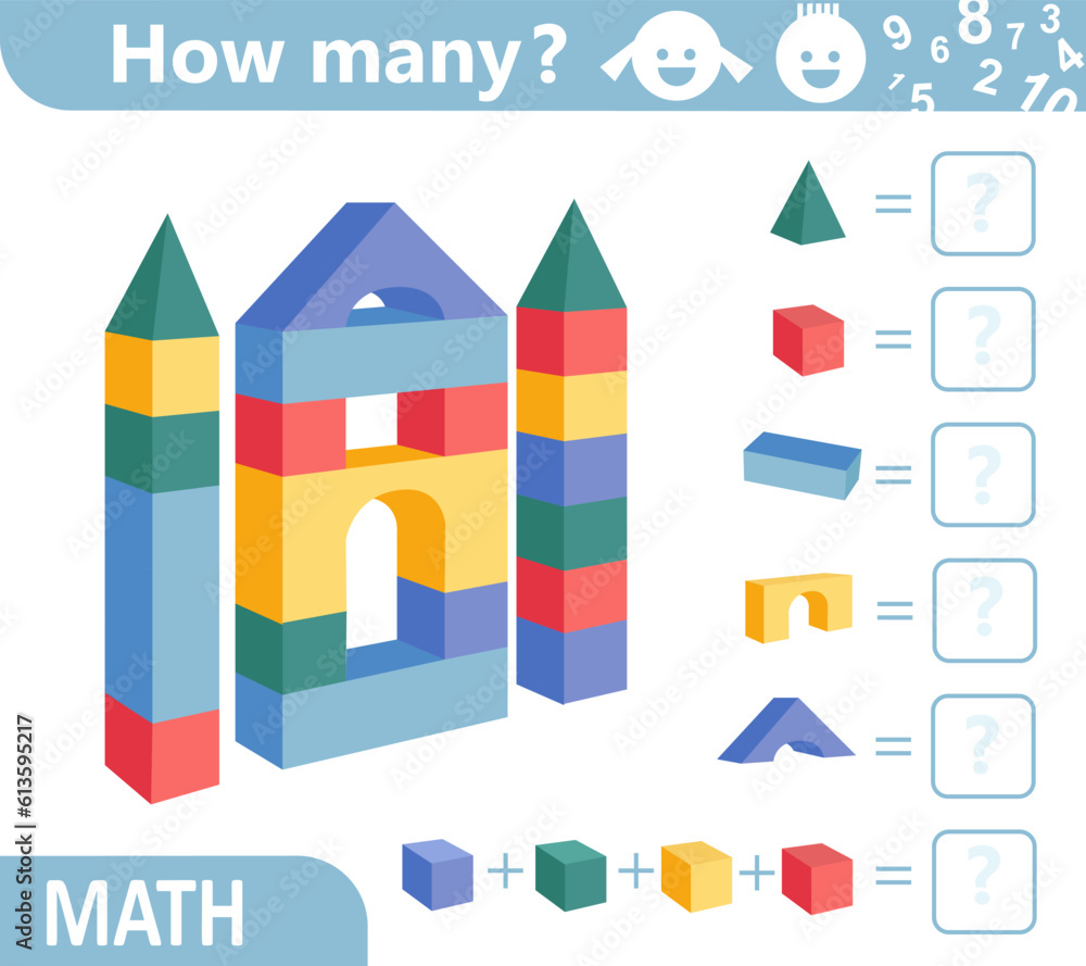 Counting math game for kids. A castle of geometric shapes. Educational ...