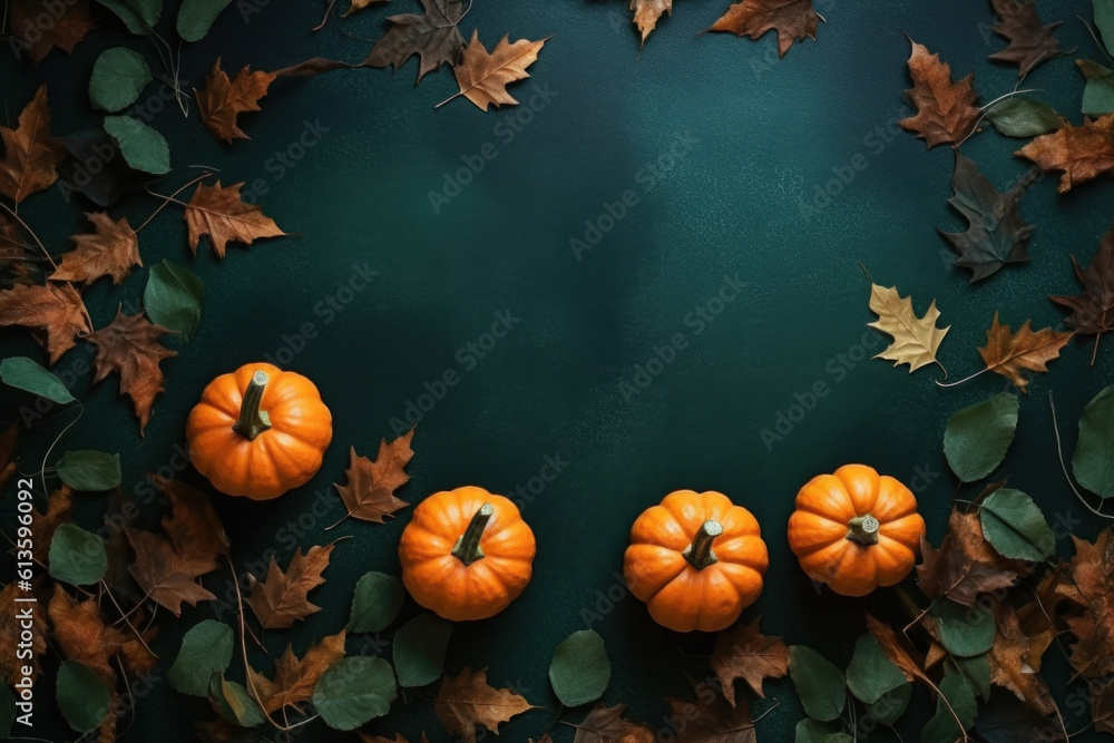 Flat lay arrangement of pumpkins and fall leaves on emerald-green ...