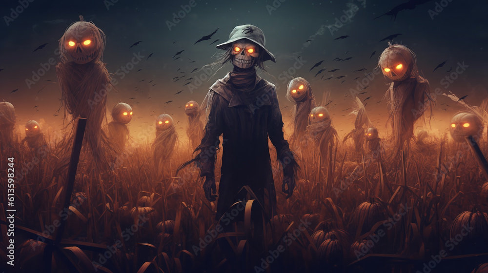 animated spooky scarecrow in a corn field on halloween night ...