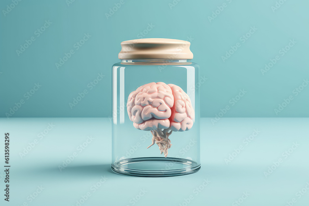 Anatomical brain in glass jar isolated on flat blue background with ...
