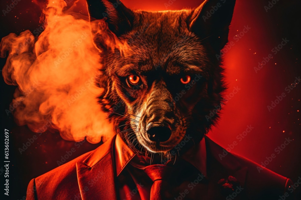 evil wolf in red suit with tie has dangerous red glowing eyes created ...