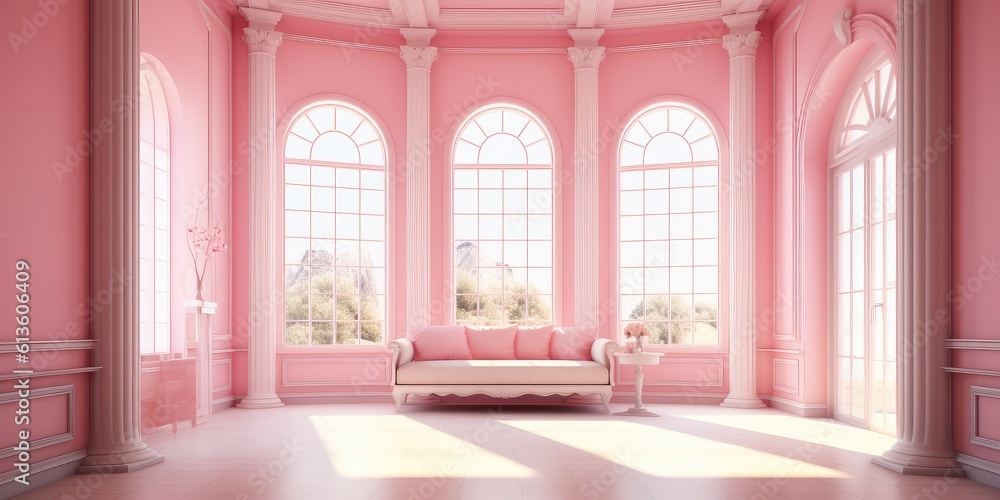 pink room with a large window and gleaming white floorboards, creating ...