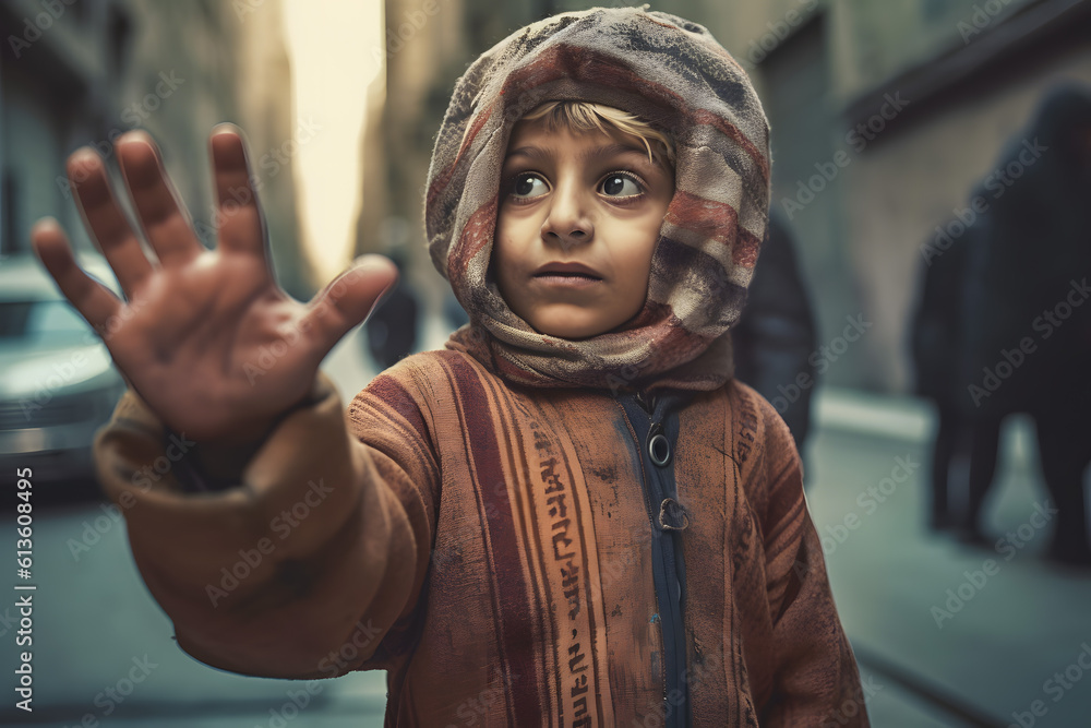 Poor beggar hungry child boy ragged in torn clothes with an ...