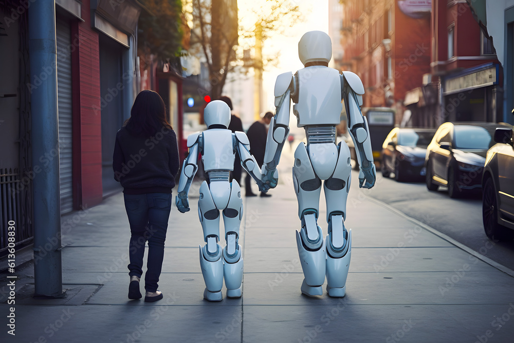 Humanoid robot on a walk street city with children, family friend nanny ...