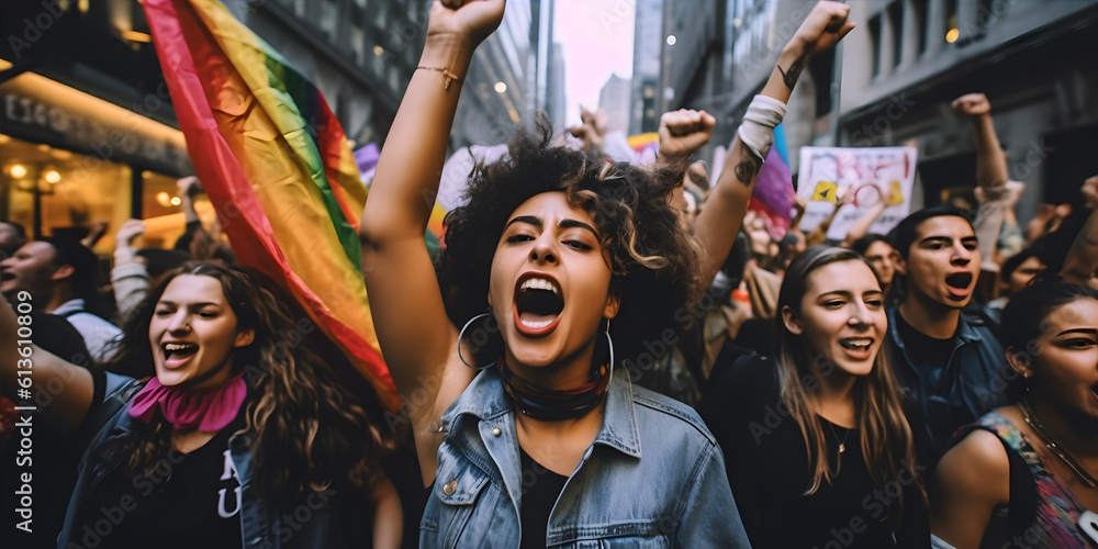 A group of diverse activists marching in a busy city street, carrying ...
