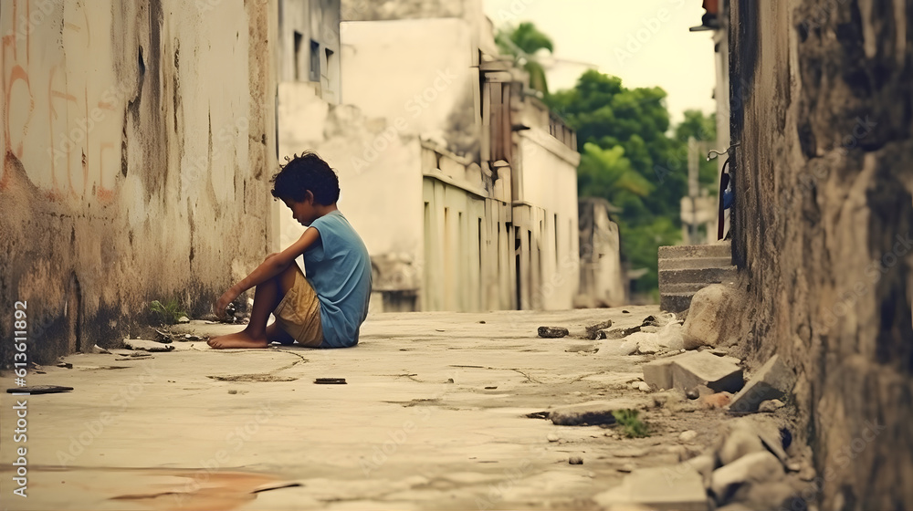 An impoverished child sitting alone on a desolate street corner, with ...