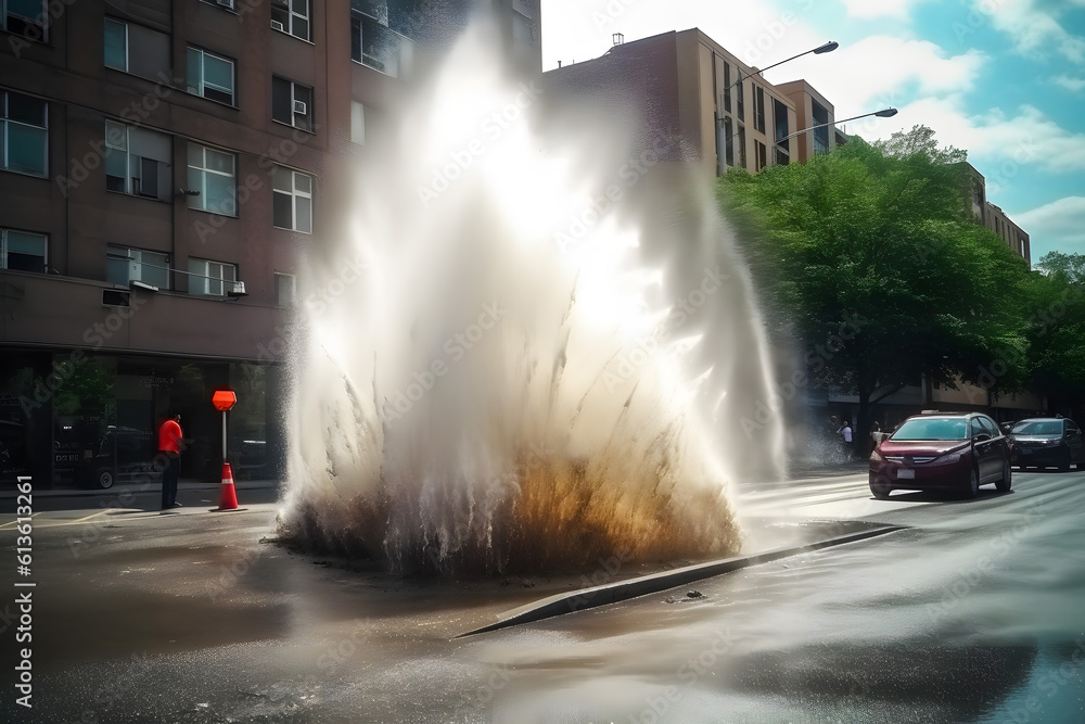 Breakthrough of the main water supply with water fountain on the ...
