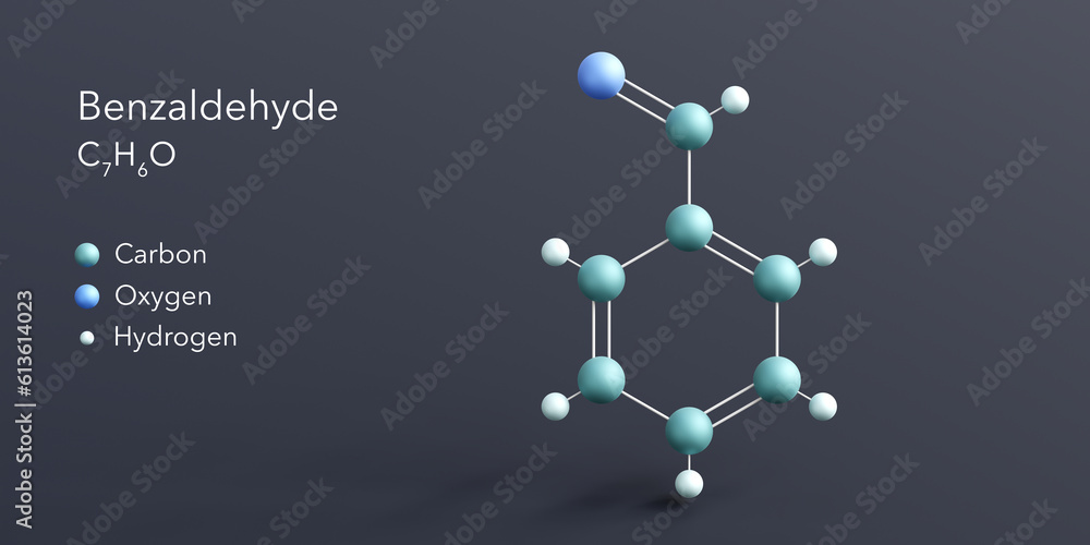 benzaldehyde molecule 3d rendering, flat molecular structure with ...