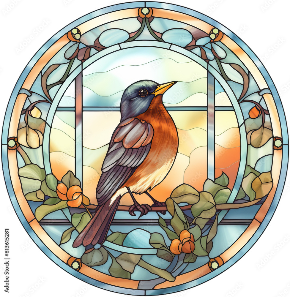 Round stained-glass illustration of a wild robin (Erithacus rubecula ...