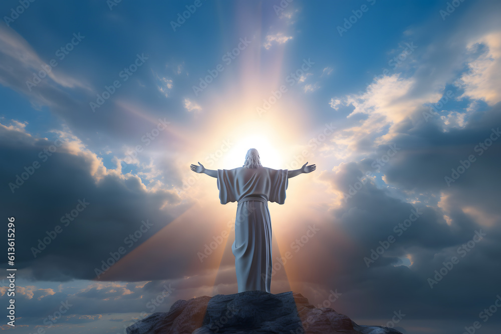 Jesus silhouette with raised hands appeared from the clouds and the sky ...