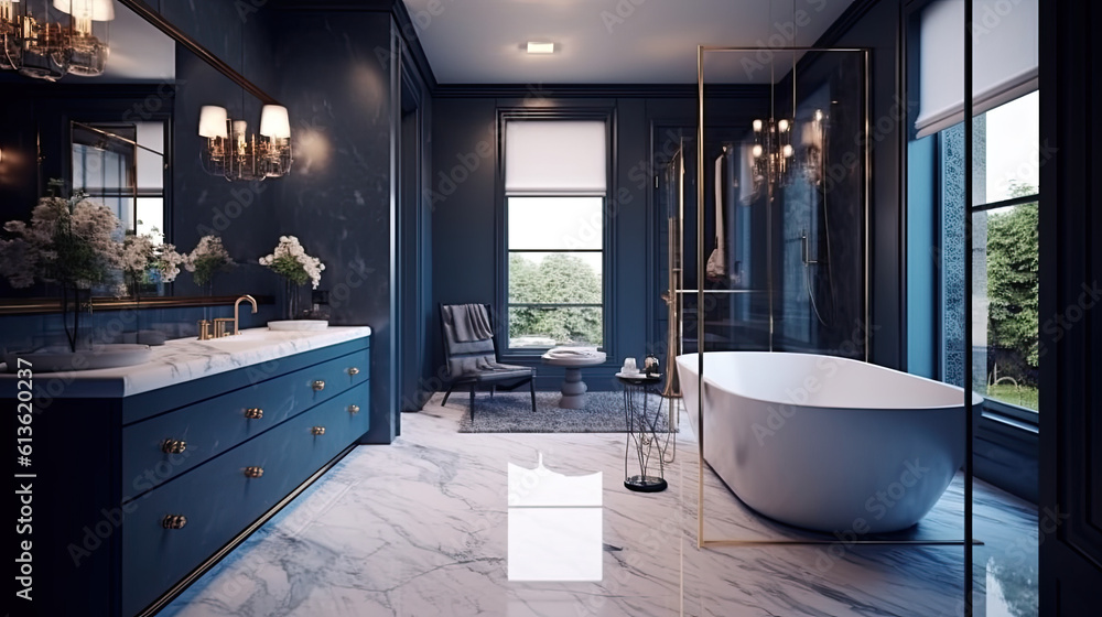 A luxurious bathroom with marble accents and sleek modern design. The ...
