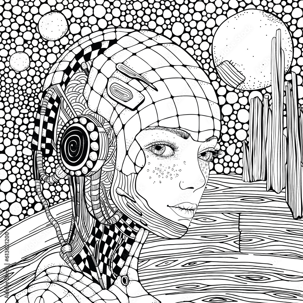 Cute robot girl. Girl astronaut. Zentangle background. Black and white ...