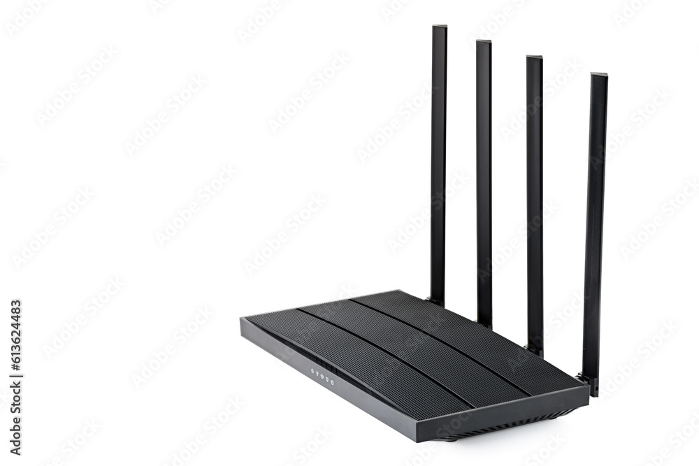 Wireless wi-fi black router with four antennas isolated on white. High ...