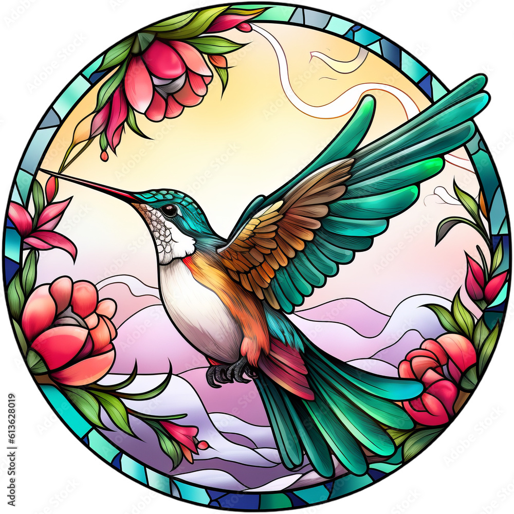 Round stained-glass illustration of a hummingbird in a stained-glass ...