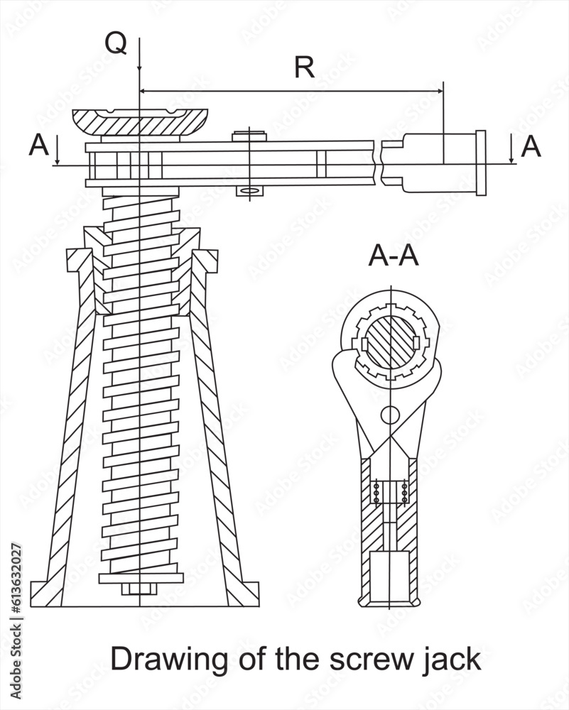 Vector drawing of a steel mechanical device (screw jack). Engineering ...