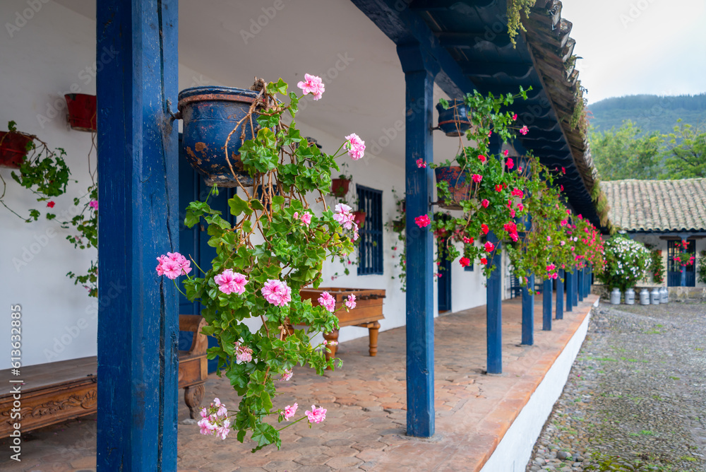 Interior patio and gardens of an old hacienda, in the outskirts of ...