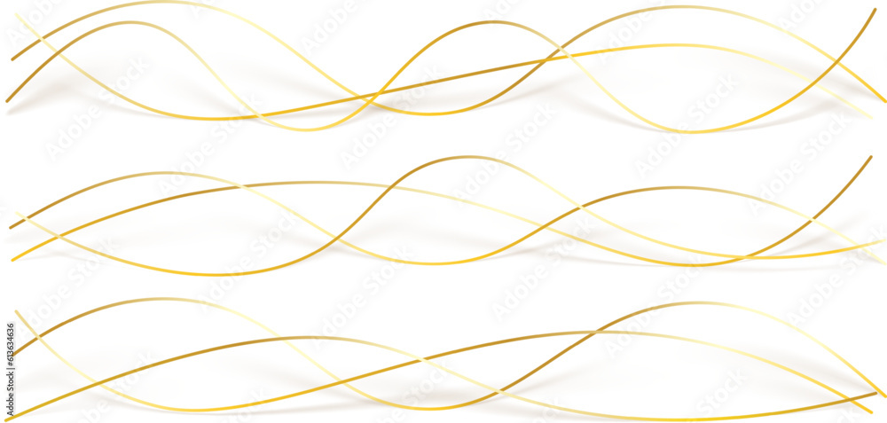 3d wavy gold lines swoosh on white background. Luxury beauty thin curves, swirl as stream flow ...