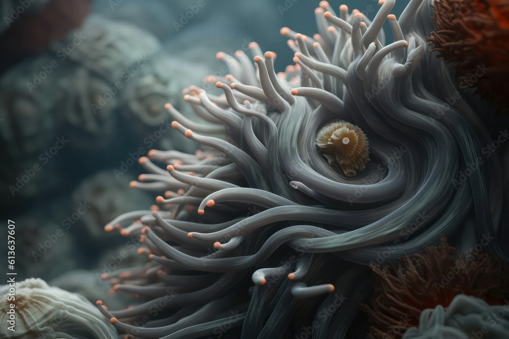 A close-up photograph of a mesmerizing sea anemone with its tentacles ...