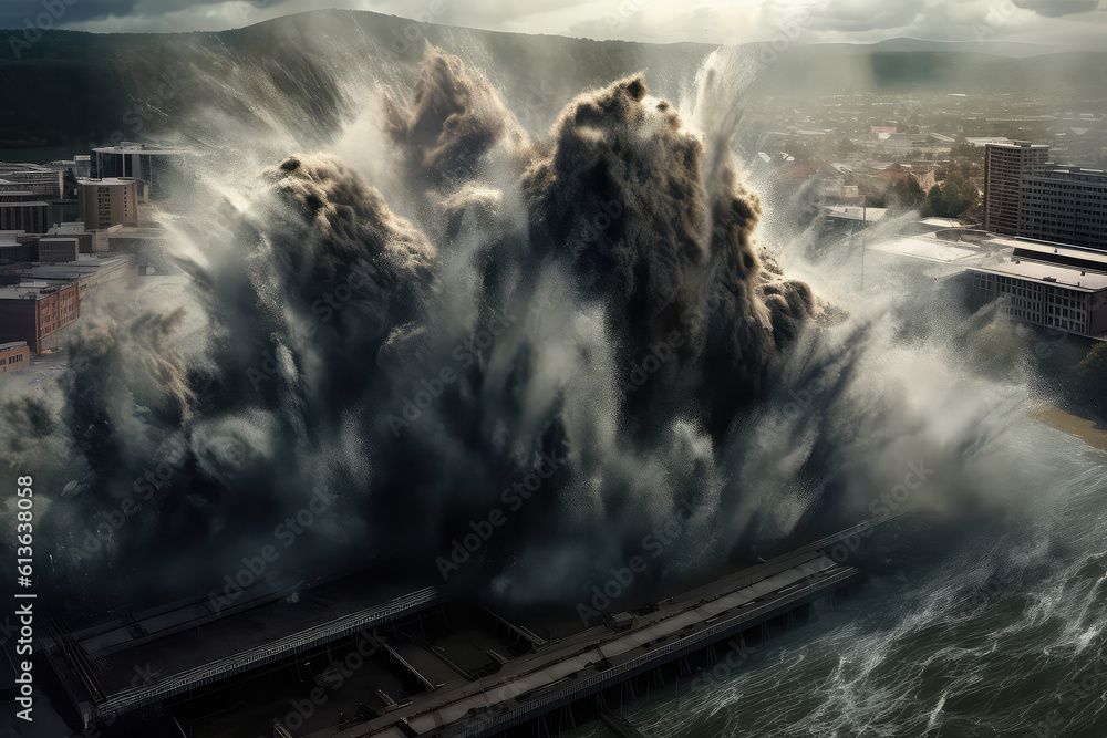 Dam explosion, dam breach, water flooding. generative ai Stock ...