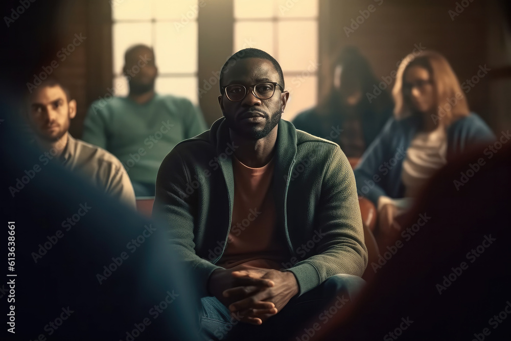 Sad anxiety depressed black man at support group meeting for mental ...