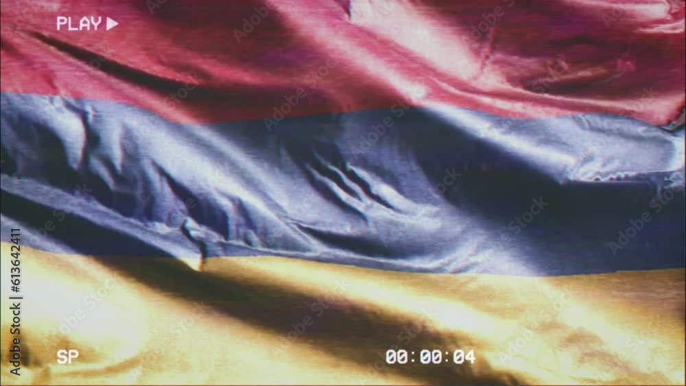 Armenia VHS video casette record flag waving on the wind. Glitch noise with time counter ...
