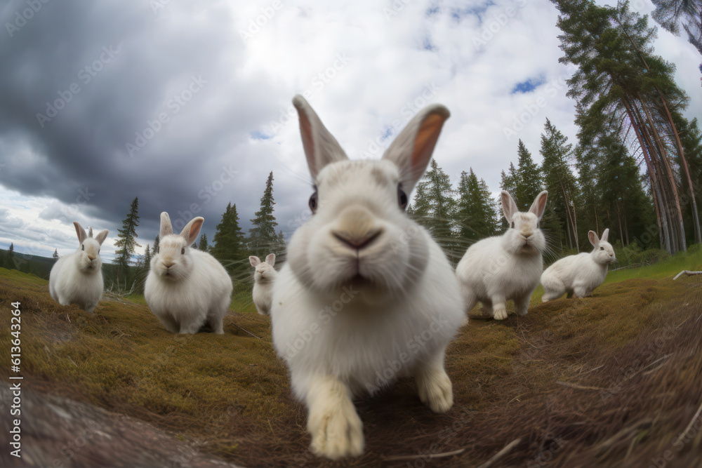 A group of curious rabbits exploring their spacious enclosure on an ...