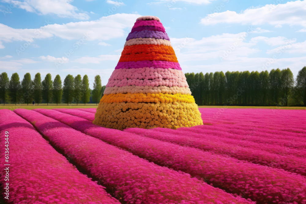 A colorful beehive surrounded by blooming flowers on an ecological farm ...