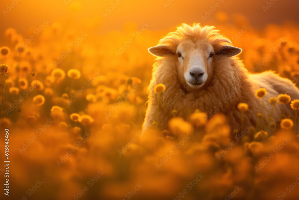 A charming scene of a fluffy sheep surrounded by blooming wildflowers ...