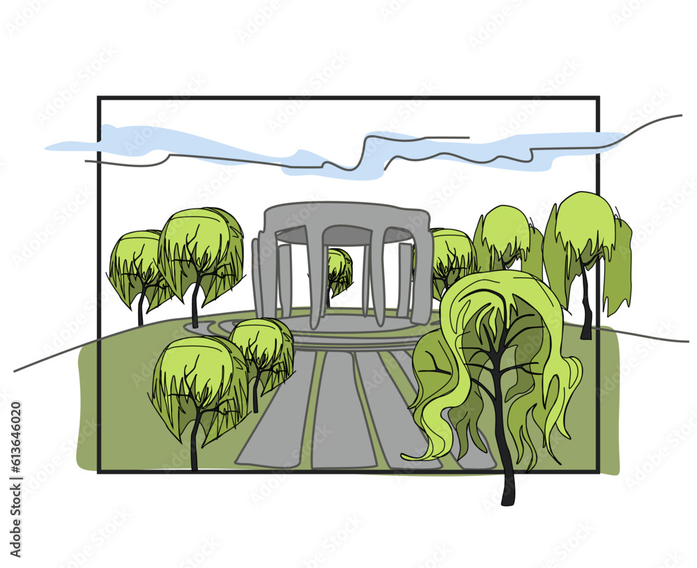 Vector drawing of a corner of the park. Walking path with trees. Park ...