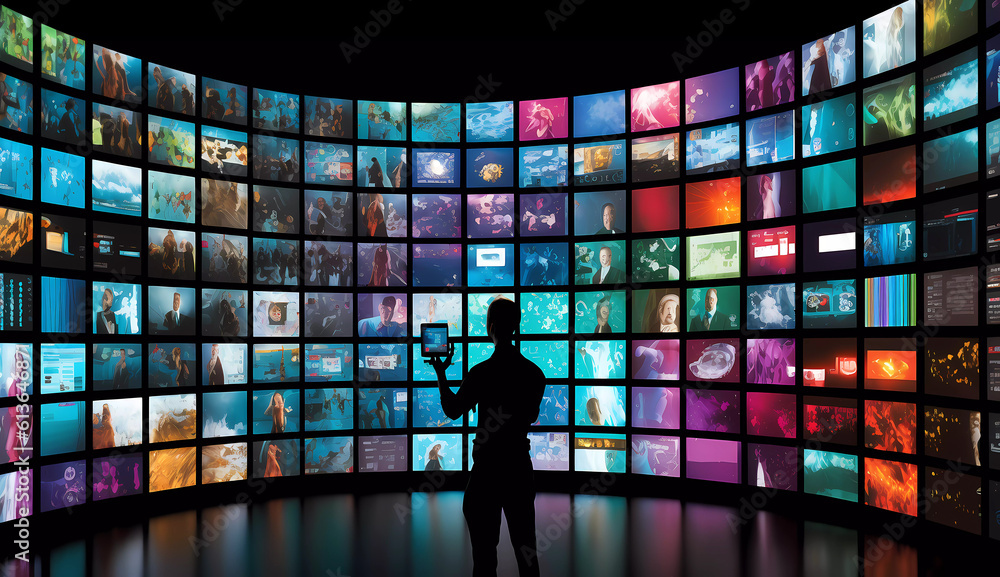 Colorful multimedia wall with videos and images. Banner. Wallpaper ...