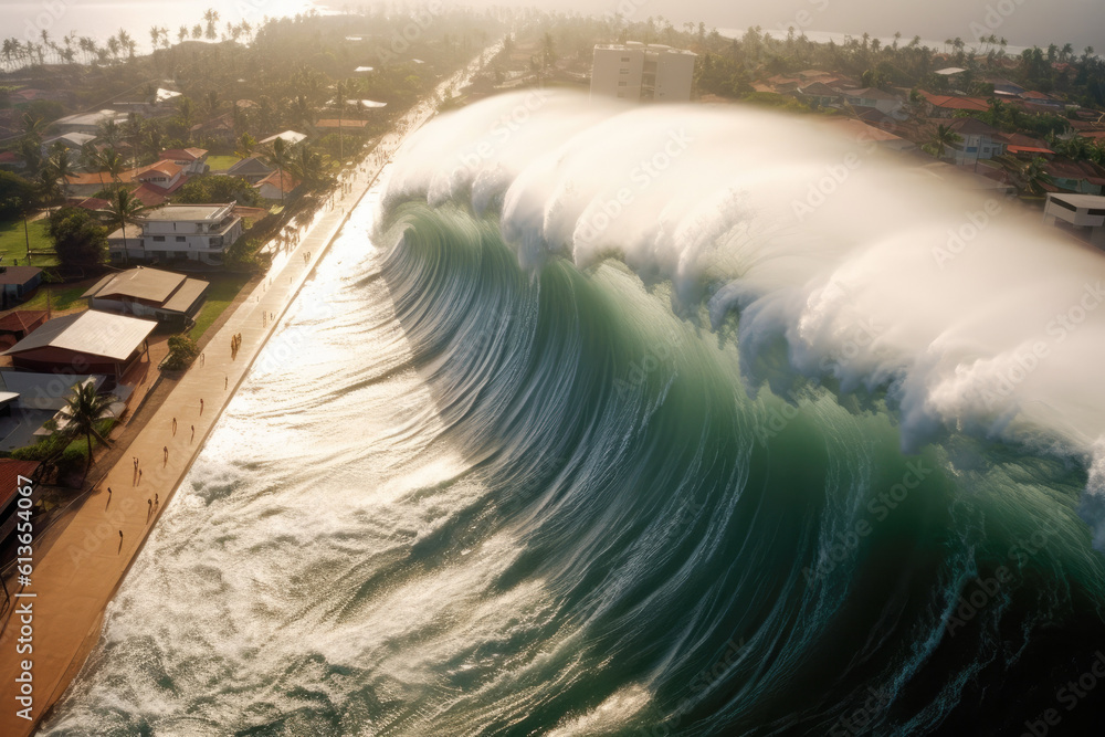 Enormous tsunami waves, disaster about to happen, city about to become ...