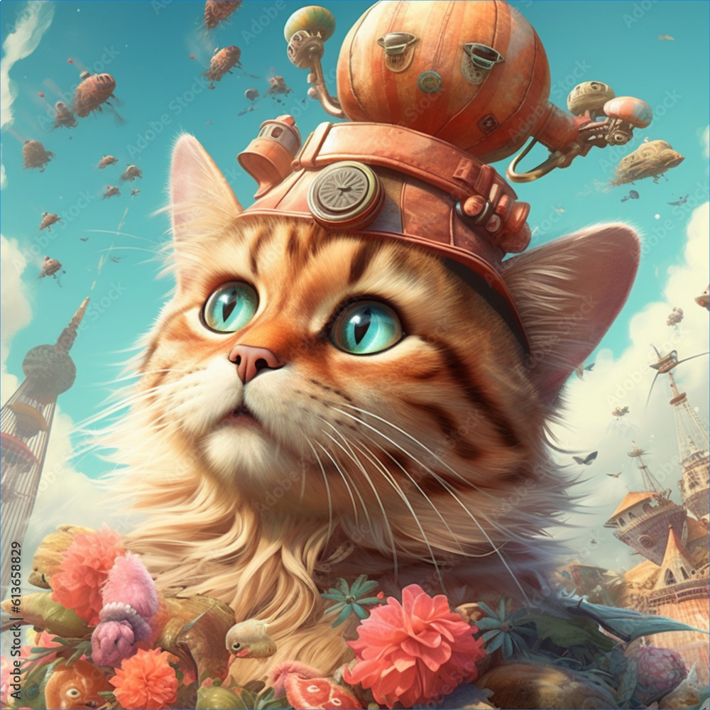 cat in a pirate costume, in the style of sci-fi realism, dreamlike ...