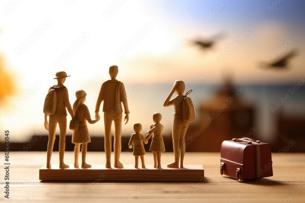 Traveling family, family traveling by the sea, character back view ...