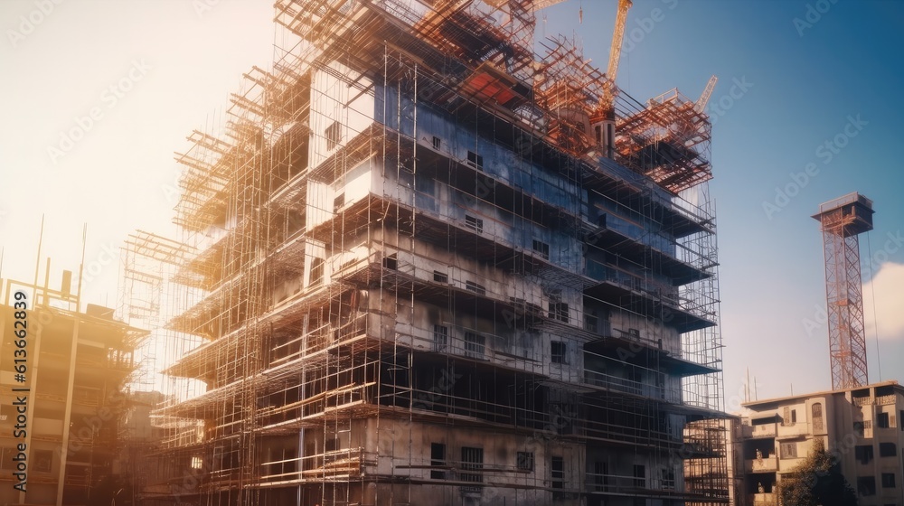 The building is under construction with scaffolding, High rise building ...