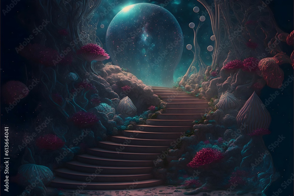 Stairway to the stars, softly colorful, alien life forms, ultra ...