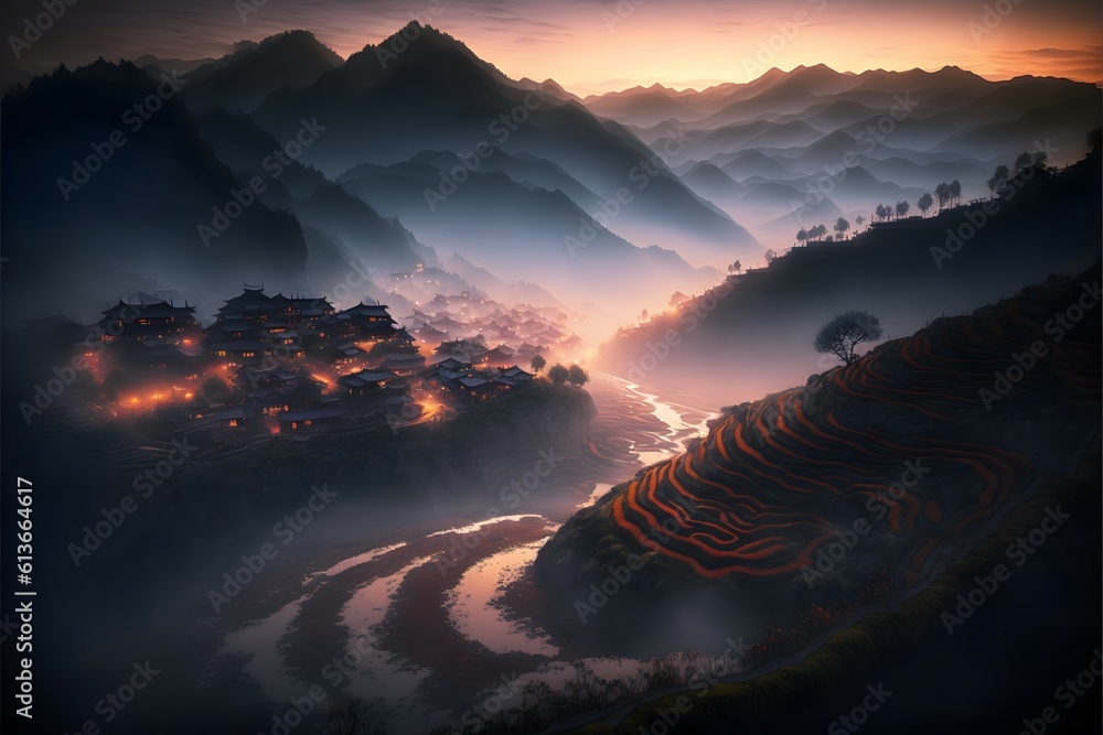 Lush Misty morning landscape, cascading rice pools in a steep mountain ...