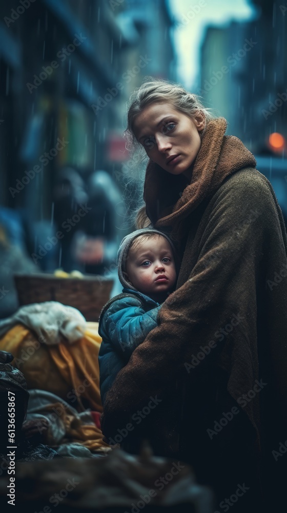 ภาพประกอบสต็อก A poor mom hugging her son in the street under the rainy ...